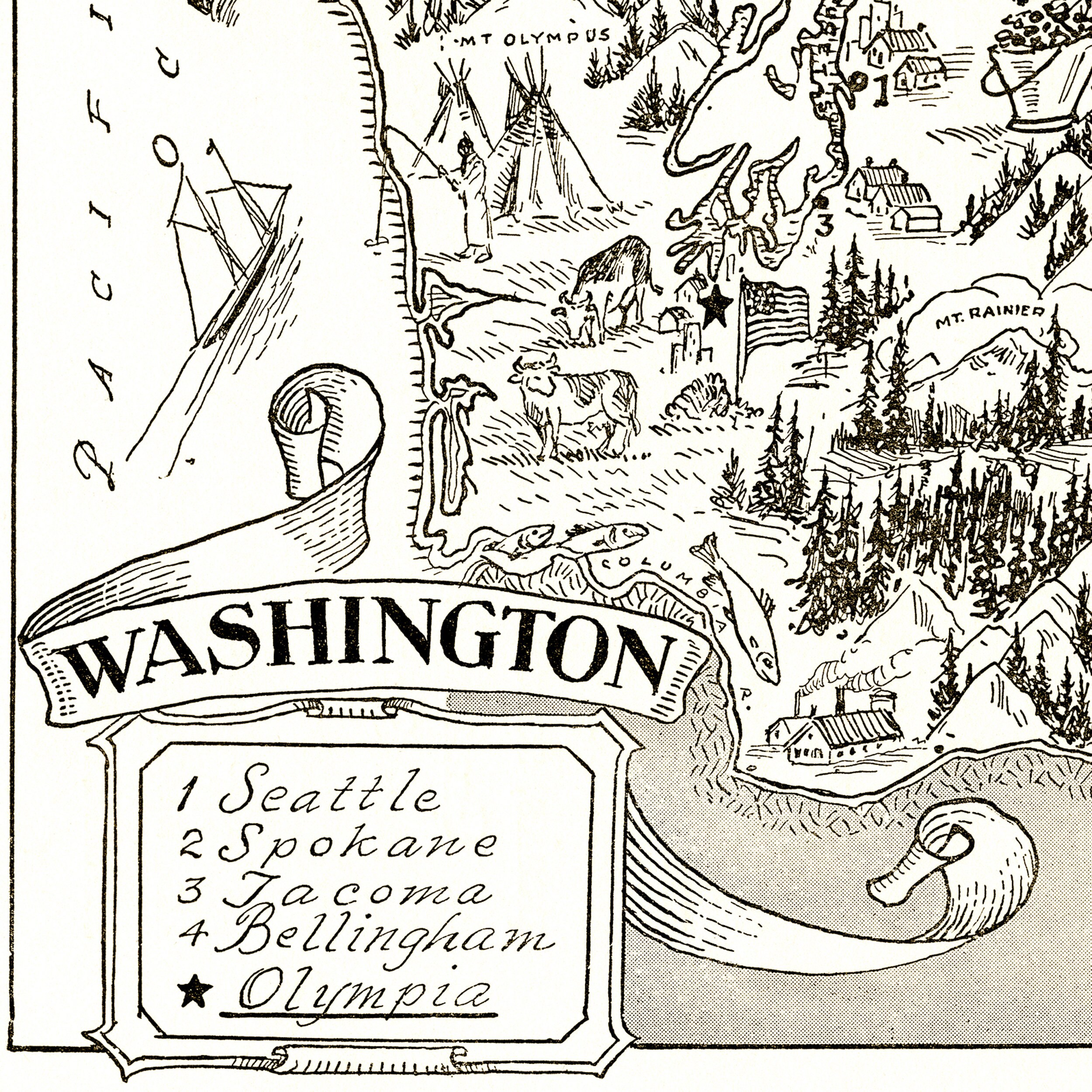 Vintage State Map of Washington Fun Pictorial Whimsical Cartoon Print ...