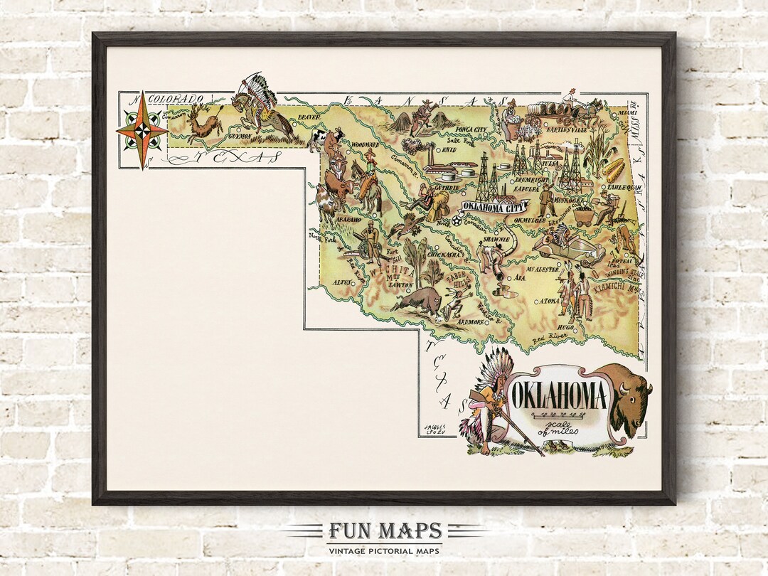 Fun State Map of Oklahoma – Vintage Pictorial Whimsical Cartoon Print ...