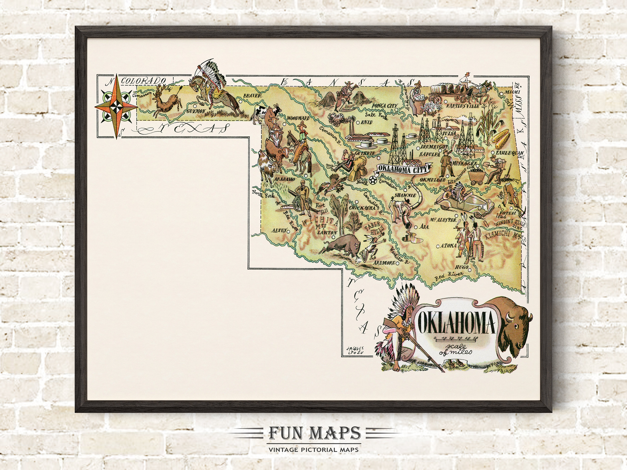 Fun State Map of Oklahoma – Vintage Pictorial Whimsical Cartoon Print ...