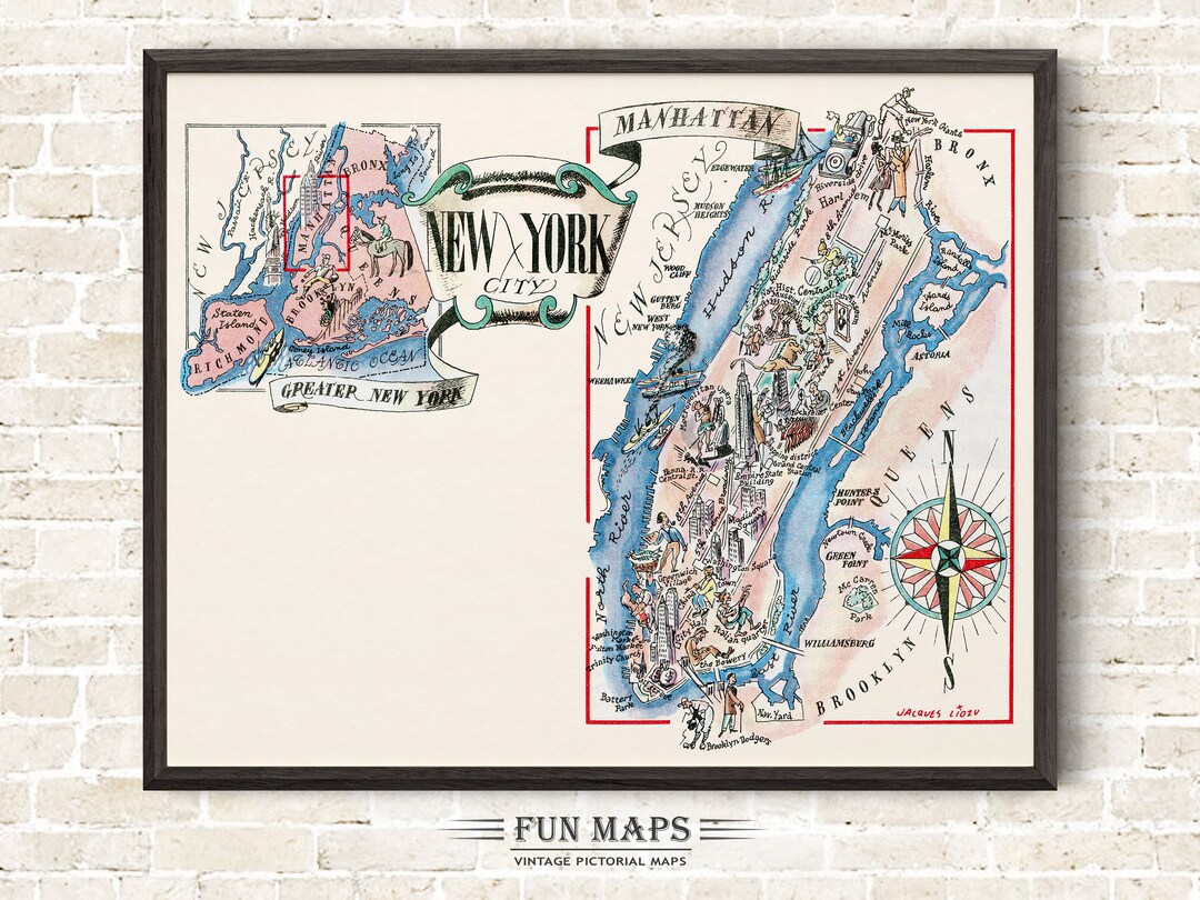 Fun Map of New York City NY- Vintage Pictorial Whimsical Cartoon Old ...