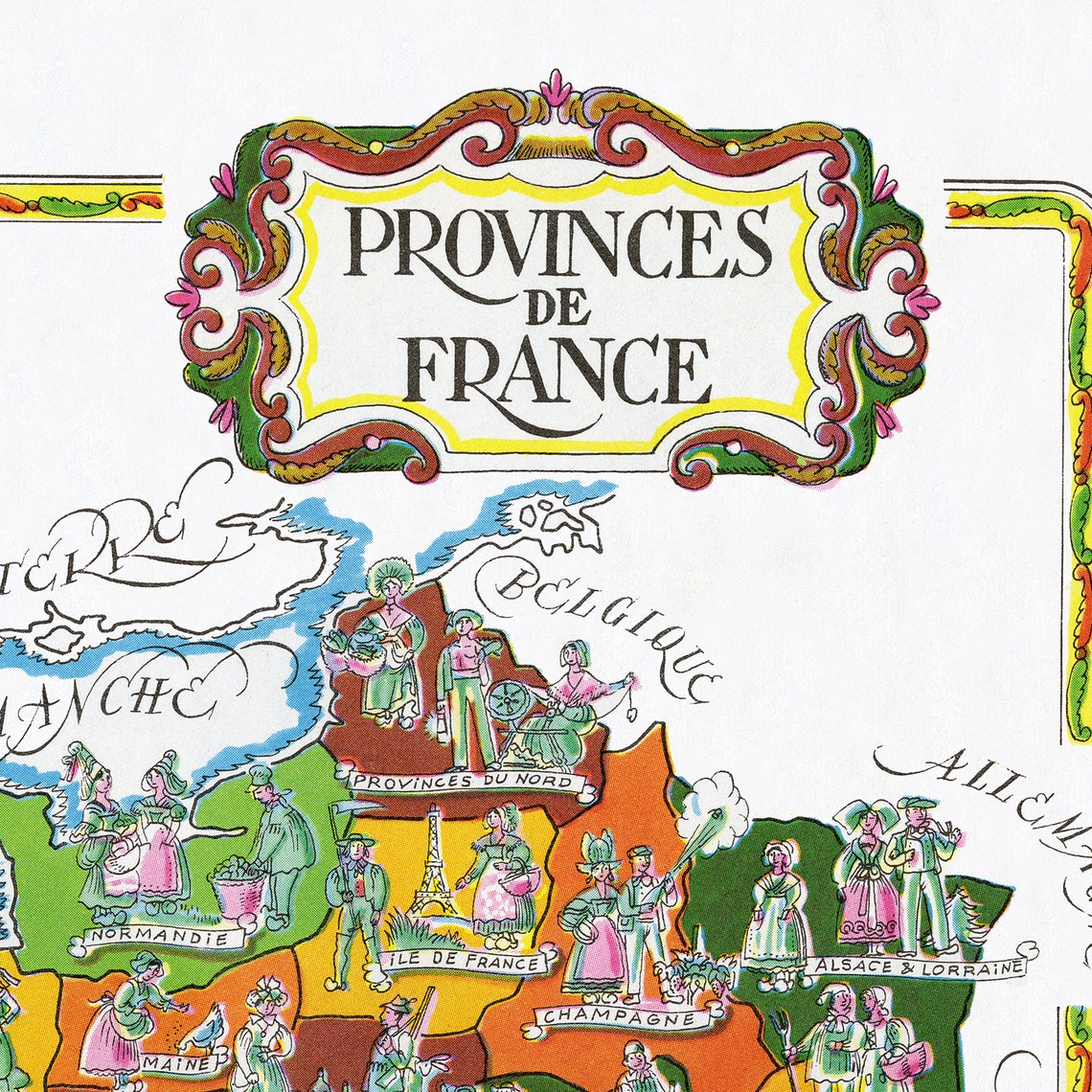 Fun Map of Provinces De France, Provinces in France, FR Vintage ...