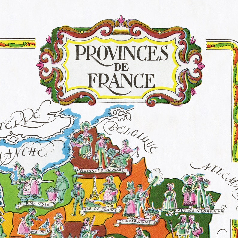 Fun Map of Provinces De France, Provinces in France, FR Vintage ...