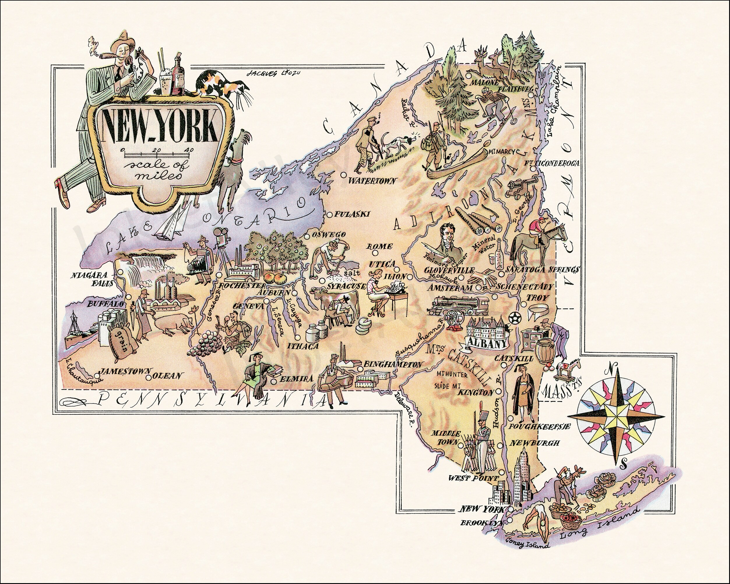 Fun State Map of New York Vintage Pictorial Whimsical Cartoon Print ...
