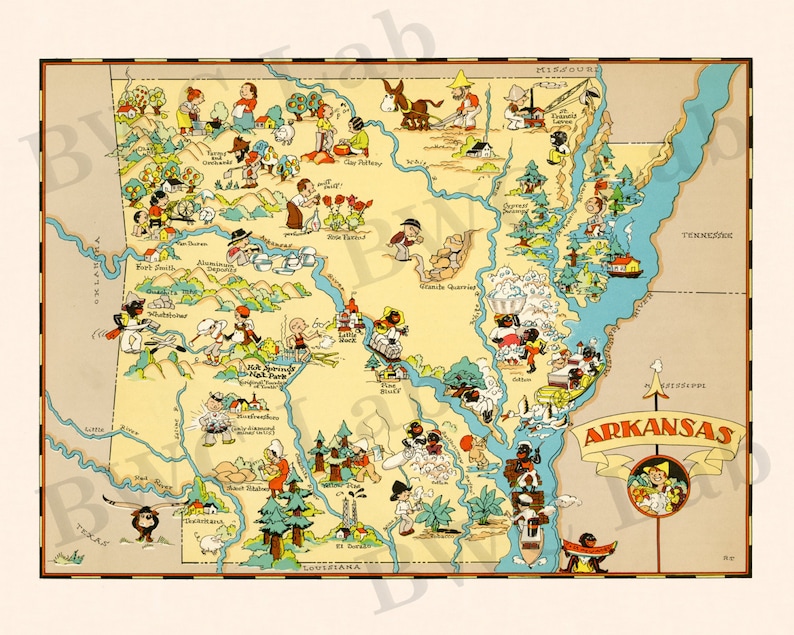 Pictorial Map of Arkansas colorful fun illustration of | Etsy
