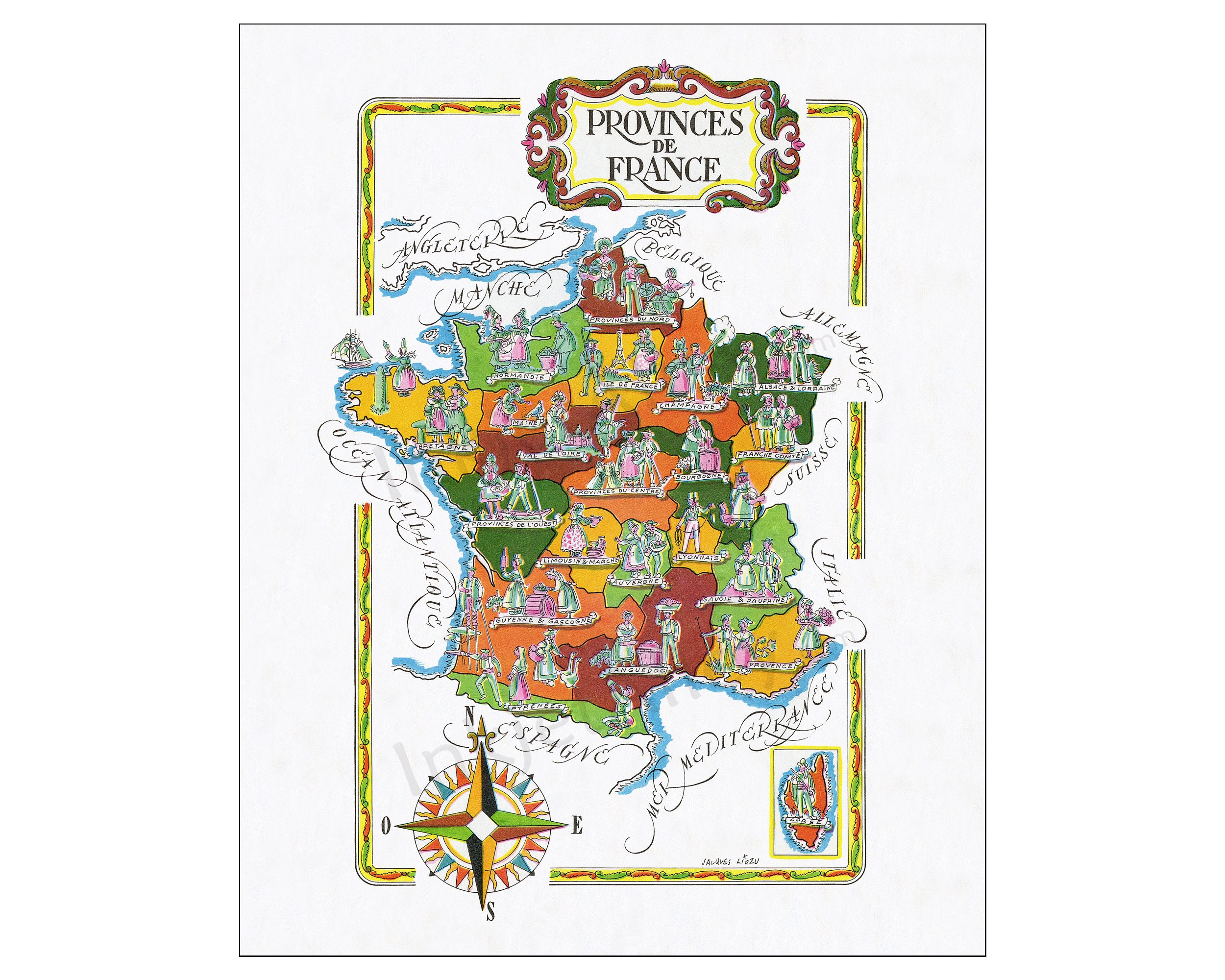 Fun Map of Provinces De France, Provinces in France, FR Vintage ...