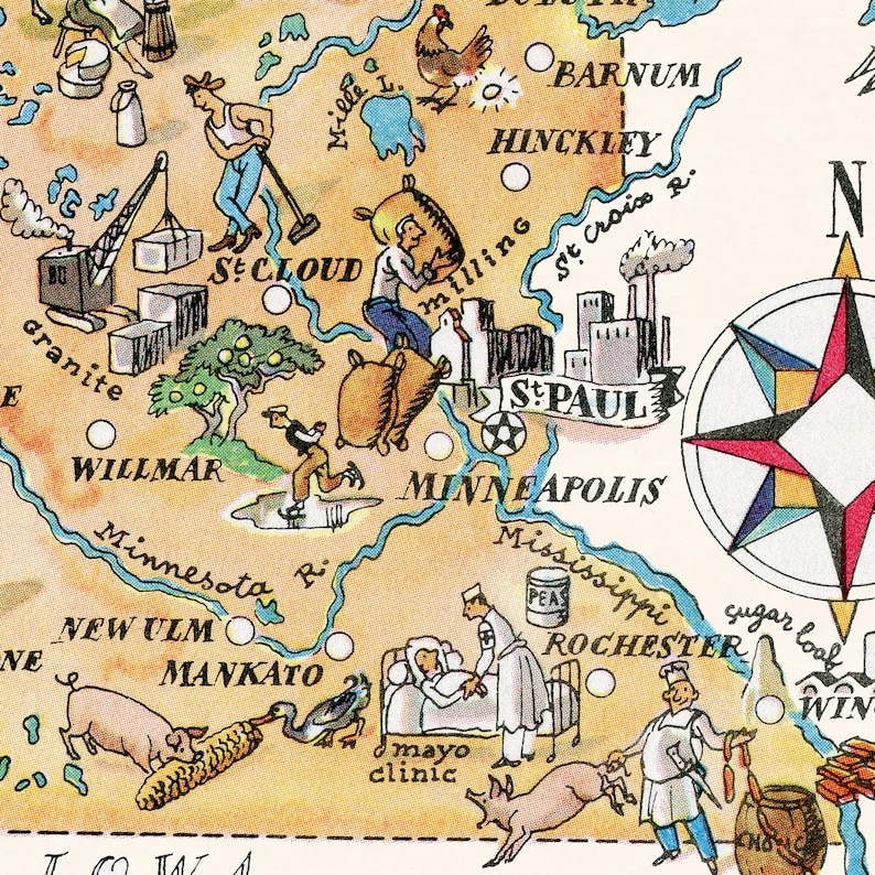 Fun State Map of Minnesota – Vintage Pictorial Whimsical Cartoon Print ...