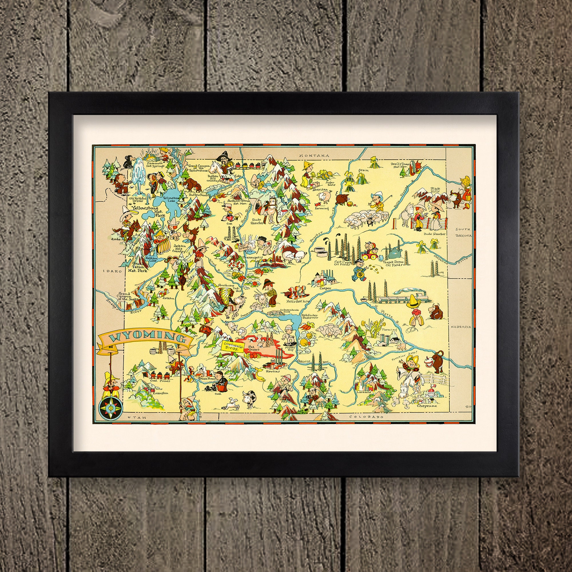 Fun State Map of Wyoming – Vintage Pictorial Whimsical Cartoon Print ...
