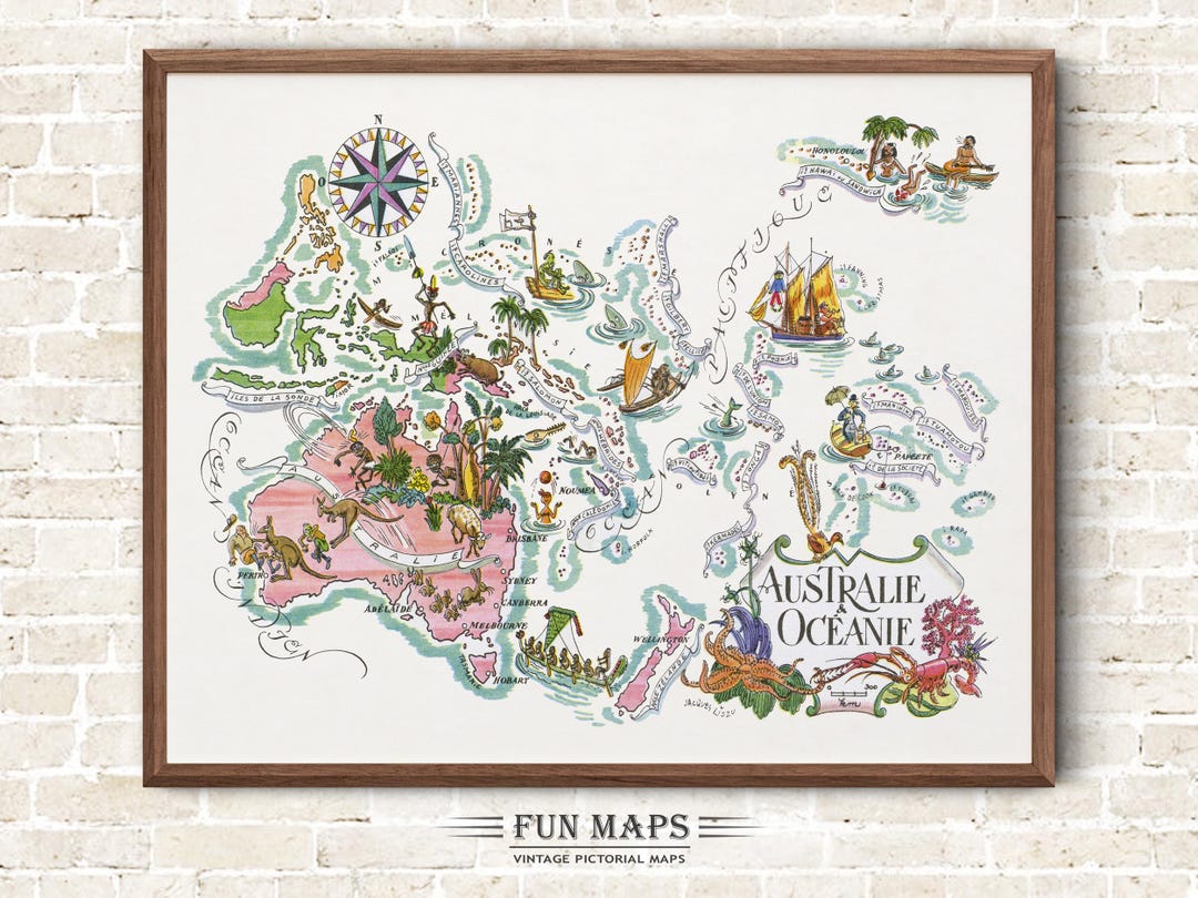 Fun Map of the Oceania Region Including Australia and New Zealand ...