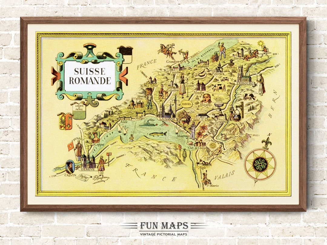 Fun Map of Suisse Romandie in Switzerland - Vintage Pictorial Whimsical ...