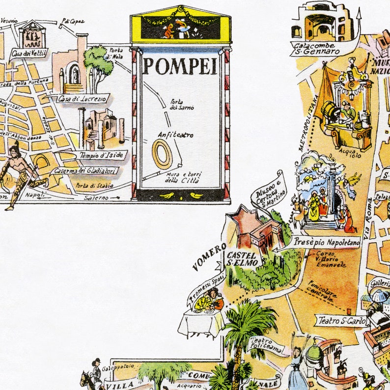 Fun Map of Naples in Italy Vintage Pictorial Whimsical Cartoon Old ...