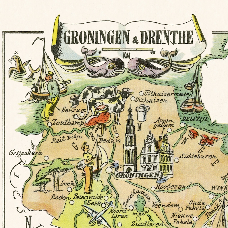 Fun Map of Groningen & Drenthe in the Netherlands, Holland Vintage ...