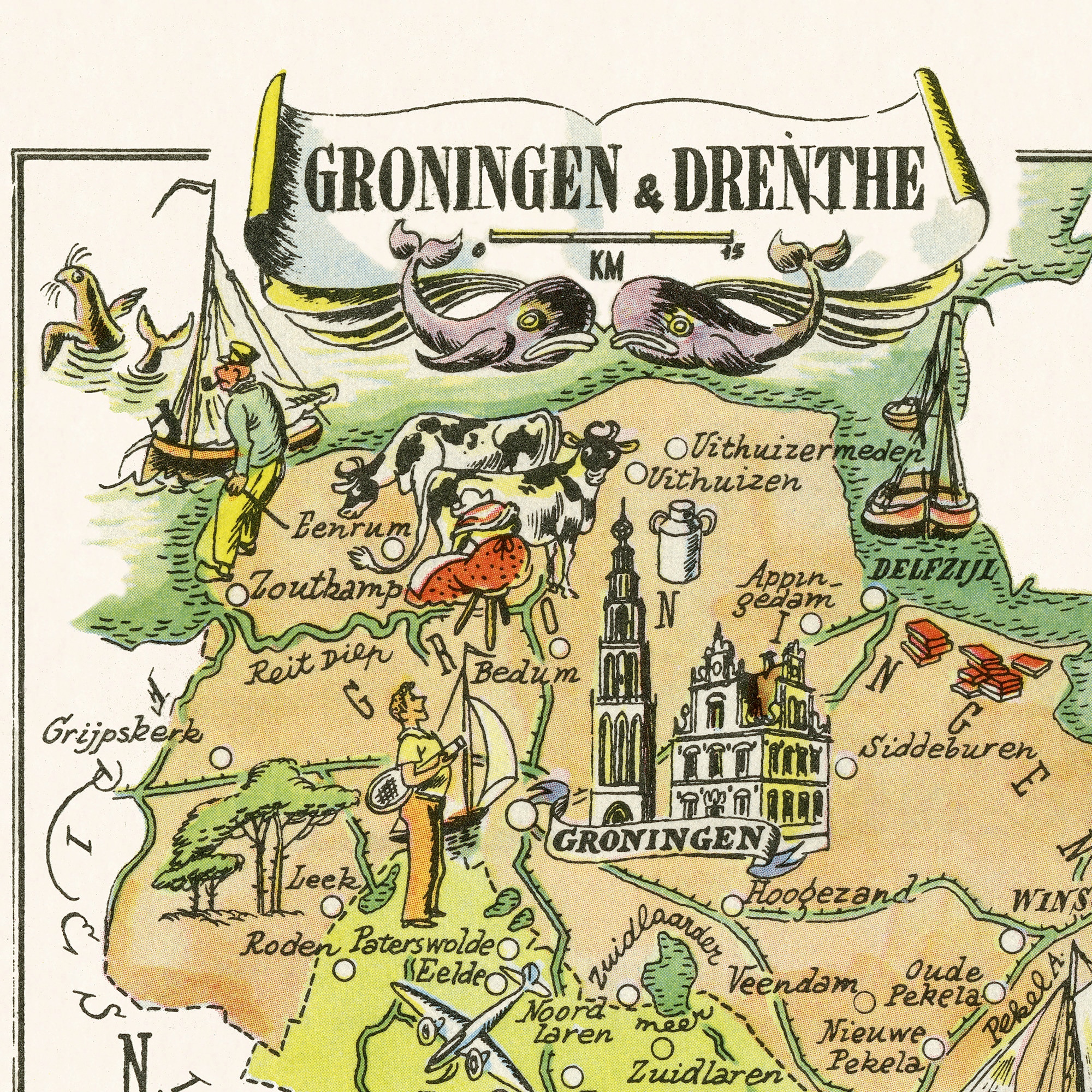 Fun Map of Groningen & Drenthe in the Netherlands, Holland Vintage Pictorial Print Illustration ...