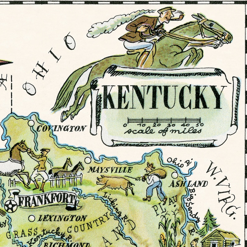Fun State Map of Kentucky Vintage Pictorial Whimsical Cartoon Print ...