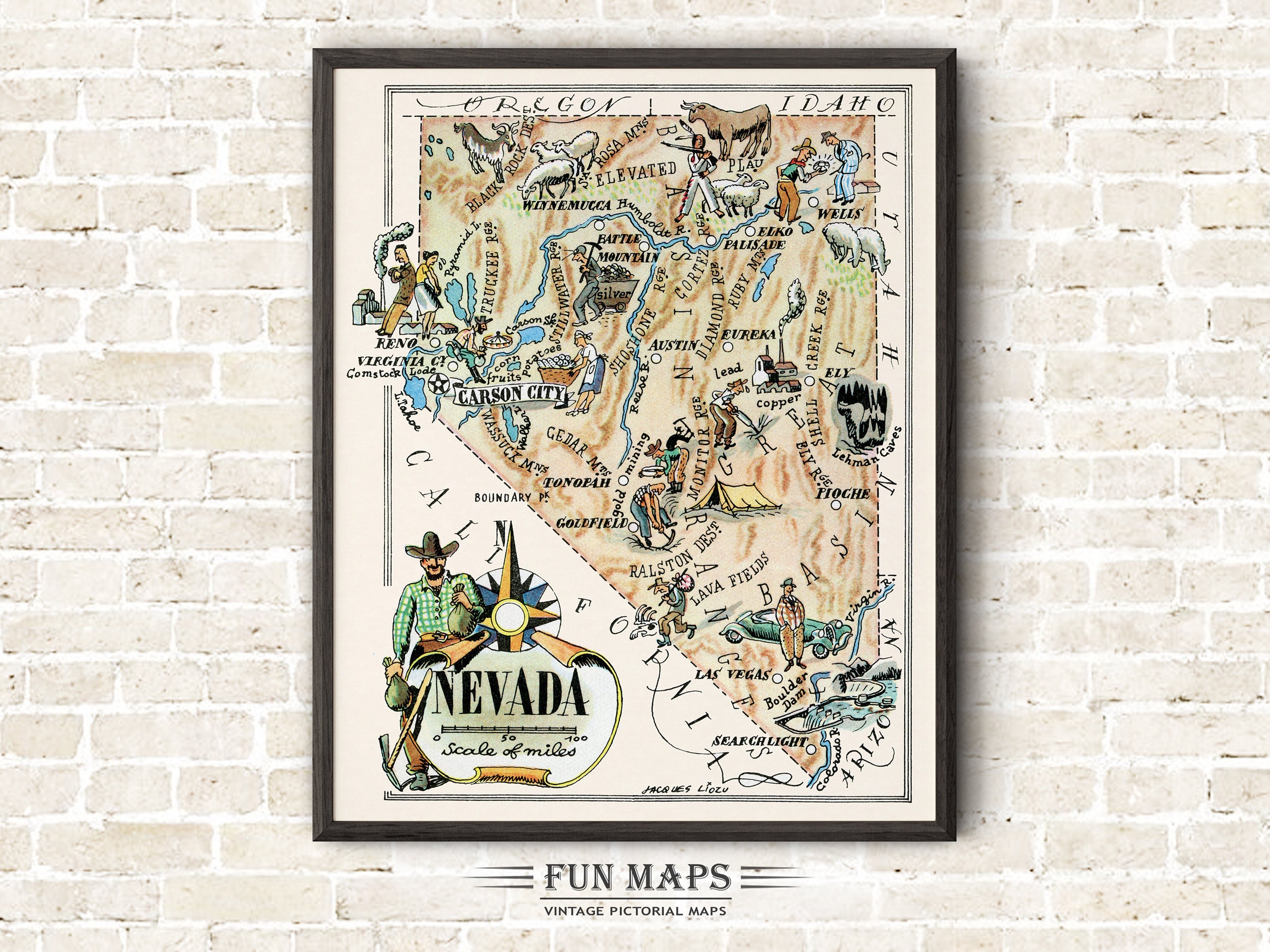 Fun State Map of Nevada – Vintage Pictorial Whimsical Cartoon Print ...