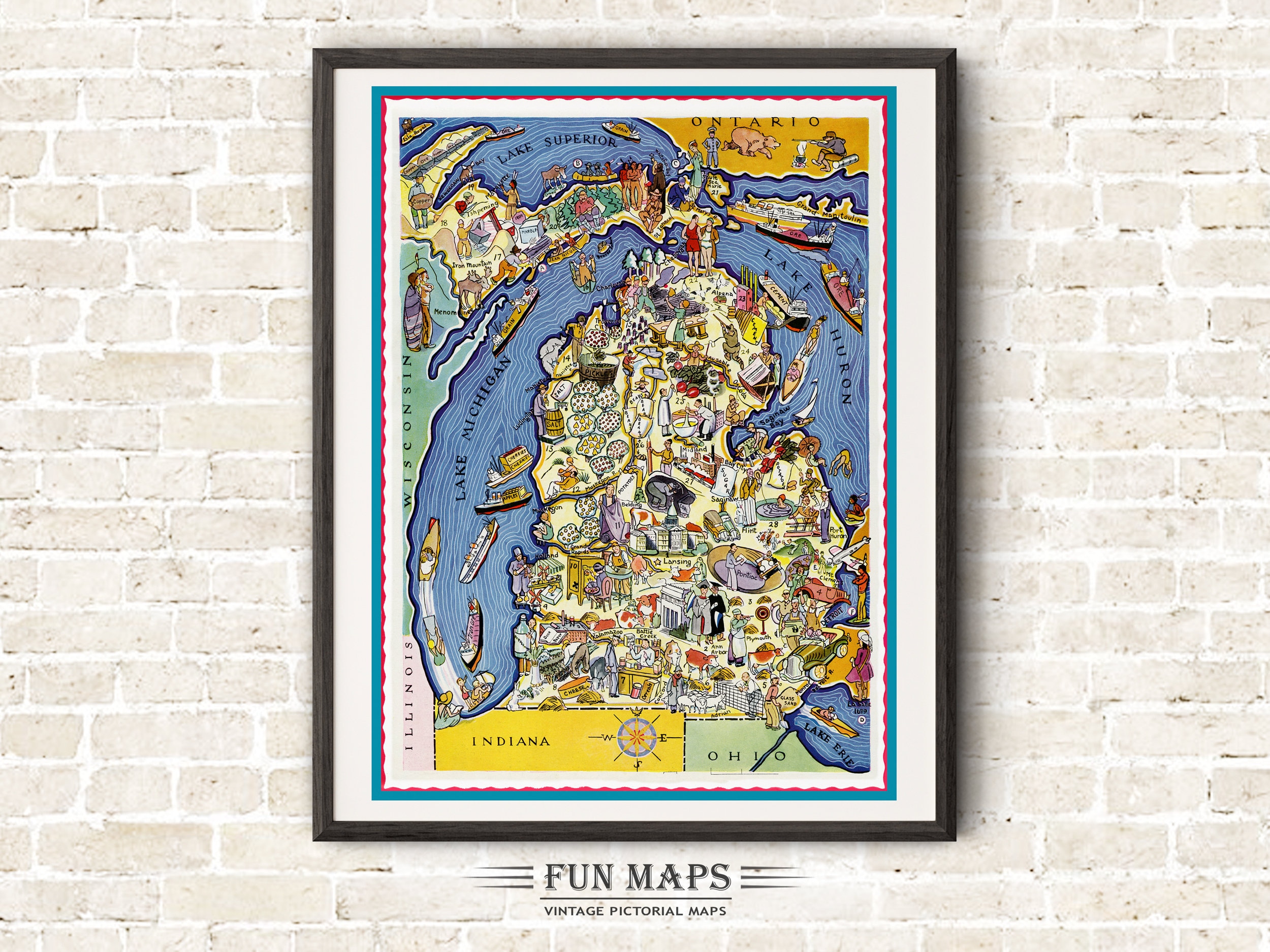 Vintage State Map of Michigan Pictorial Whimsical Print Illustration ...