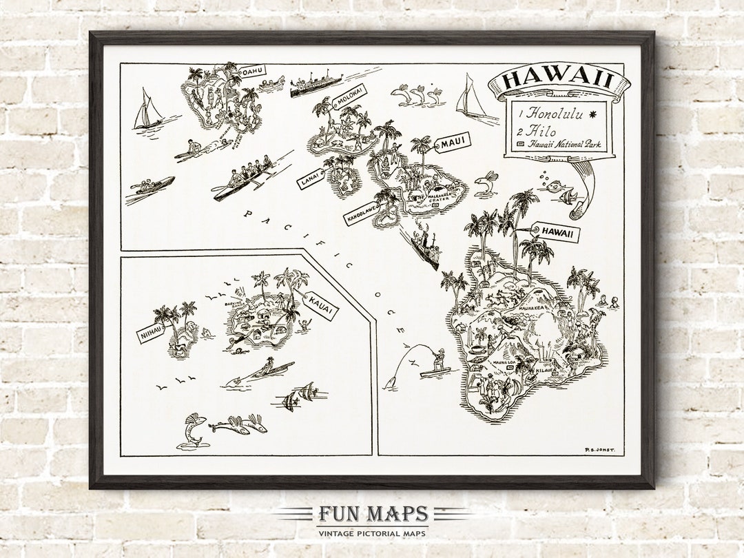 Vintage State Map of Hawaii – Fun Pictorial Whimsical Cartoon Print ...