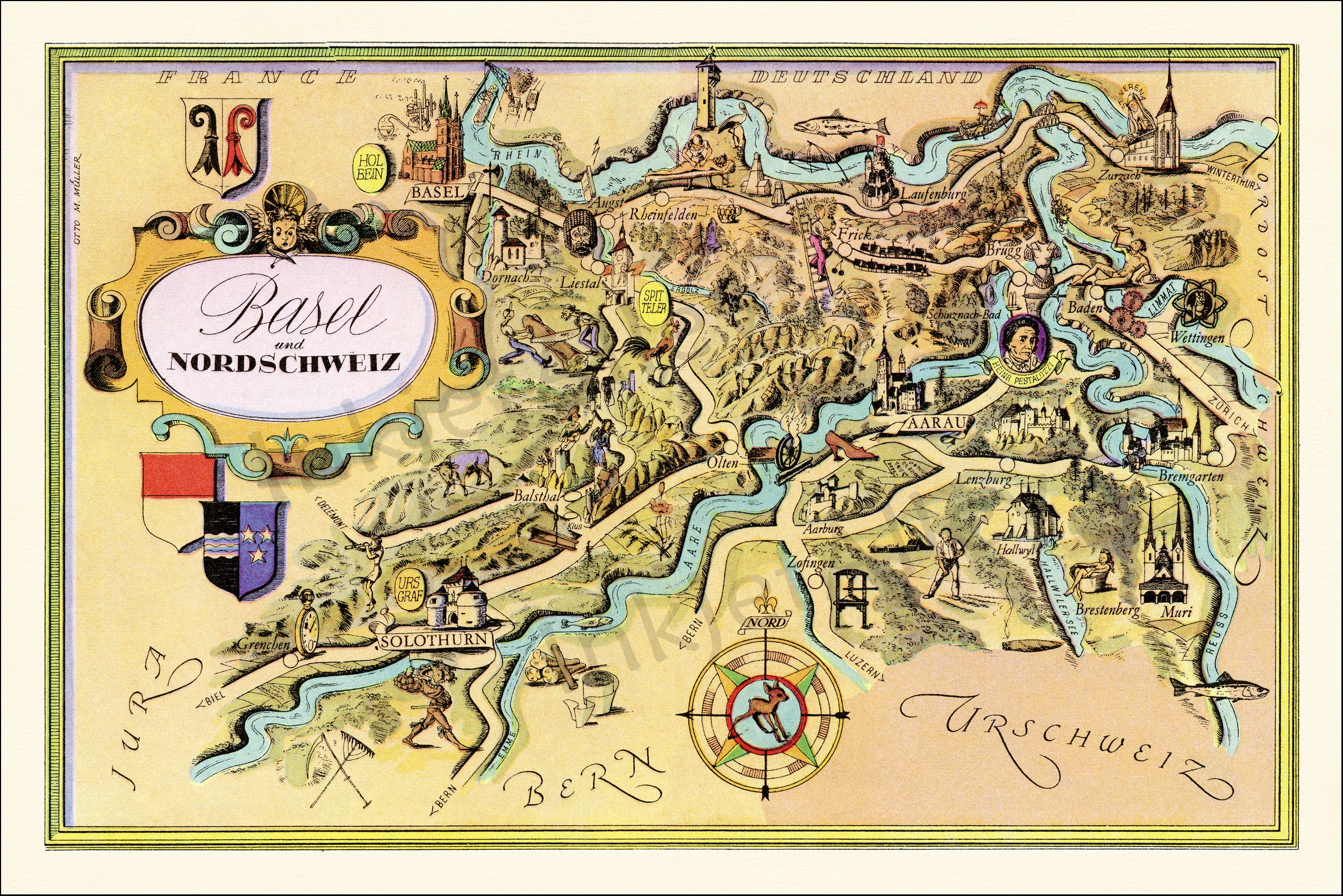 Fun Map of Basel & Nordschweiz in Switzerland - Vintage Pictorial ...