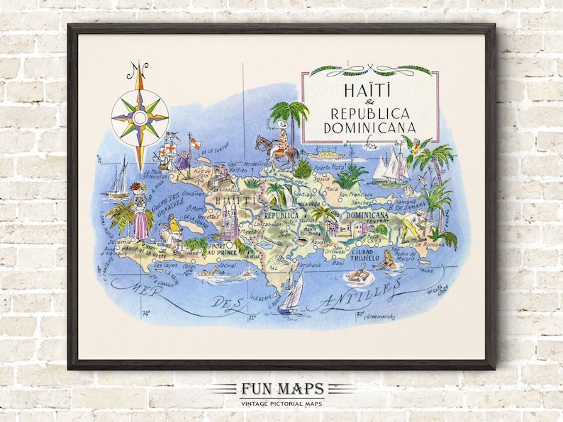 Fun Map of Haiti & the Dominican Republic in the Caribbean – Vintage Pictorial Whimsical Cartoon ...