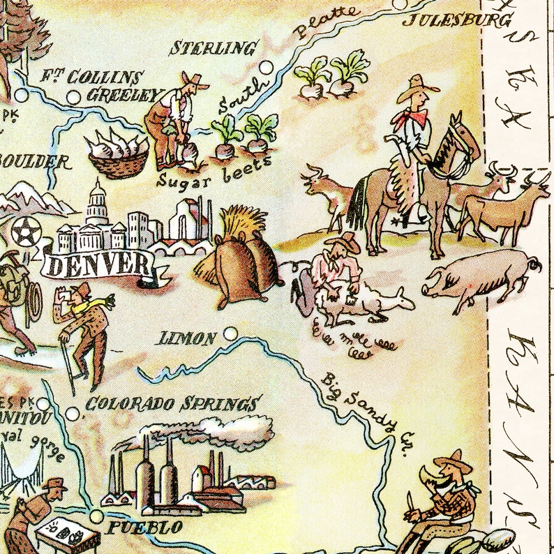 Fun State Map of Colorado Vintage Pictorial Whimsical Cartoon Print ...