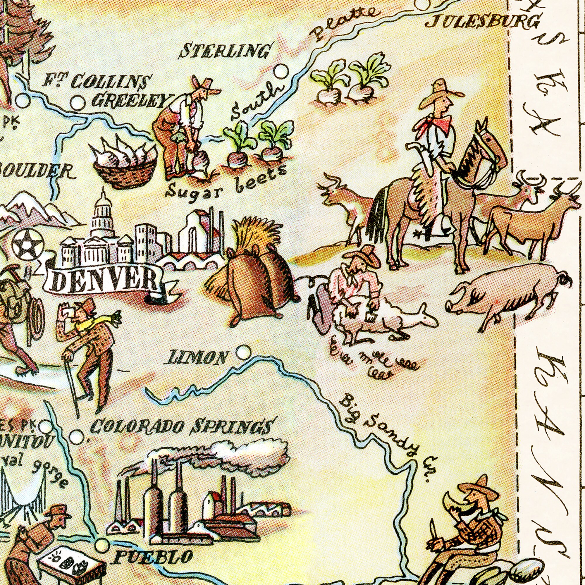 Fun State Map of Colorado Vintage Pictorial Whimsical Cartoon Print ...