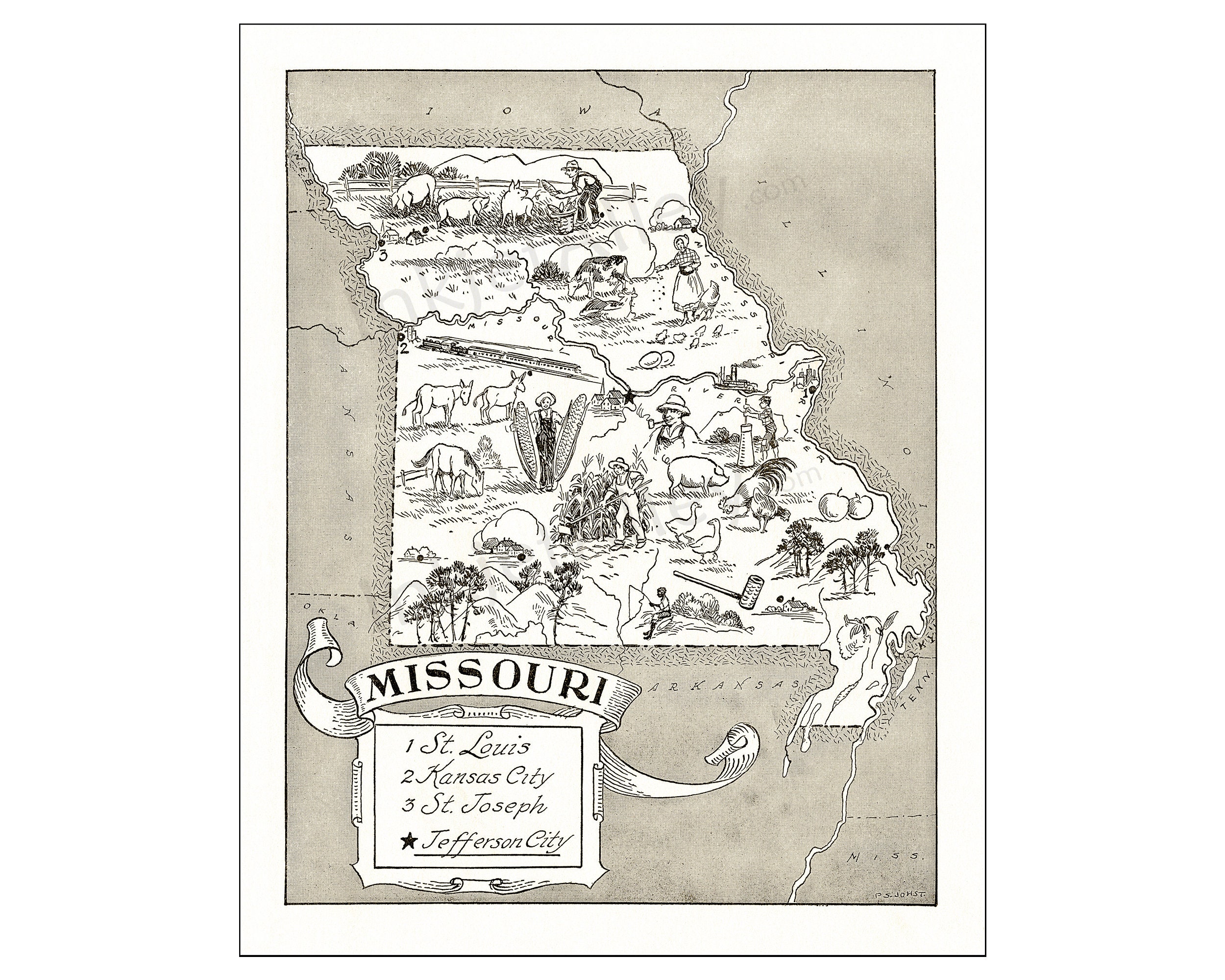 Vintage State Map of Missouri Fun Pictorial Whimsical Cartoon Print ...