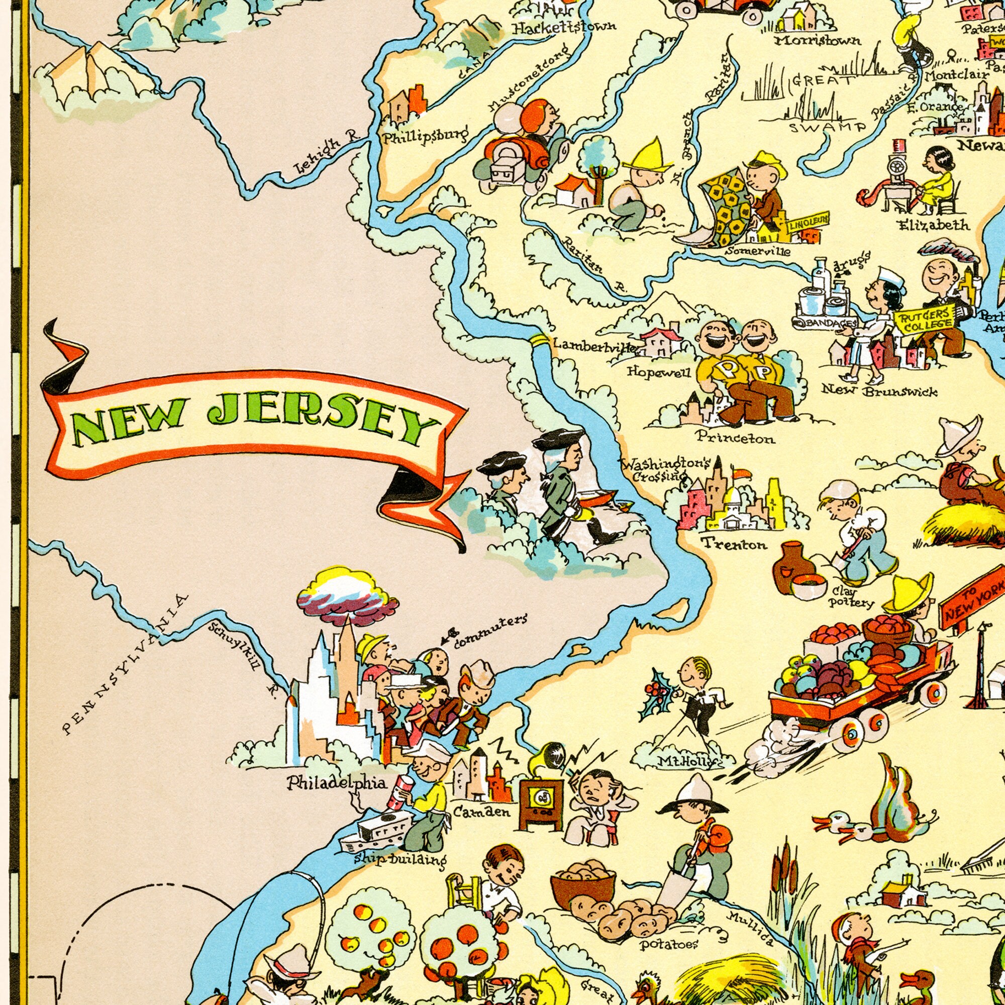 Fun State Map of New Jersey Vintage Pictorial Whimsical - Etsy