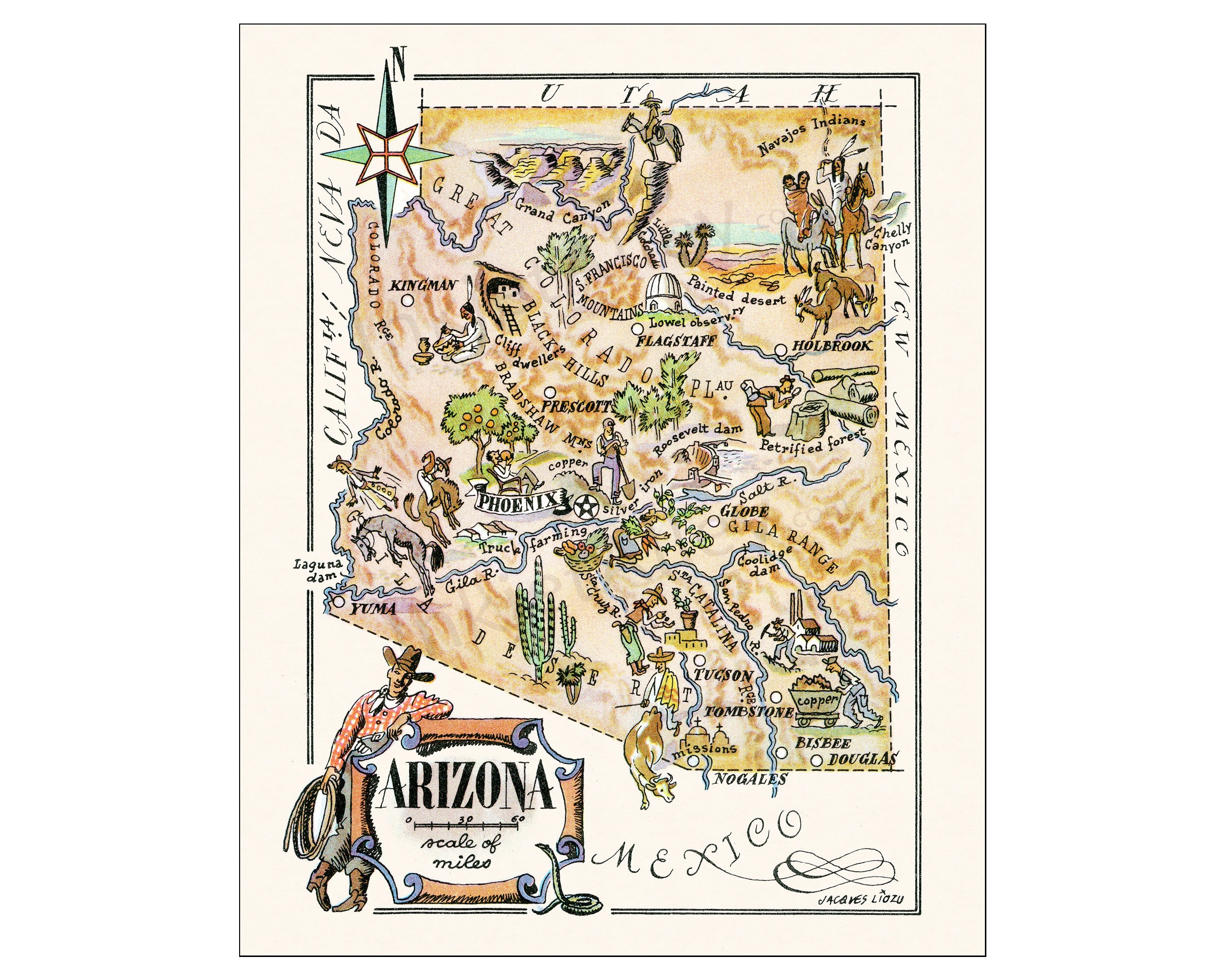 Fun State Map of Arizona Vintage Pictorial Whimsical Cartoon - Etsy