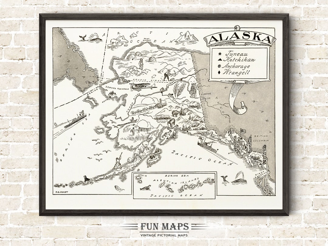 Vintage State Map of Alaska – Fun Pictorial Whimsical Cartoon Print ...