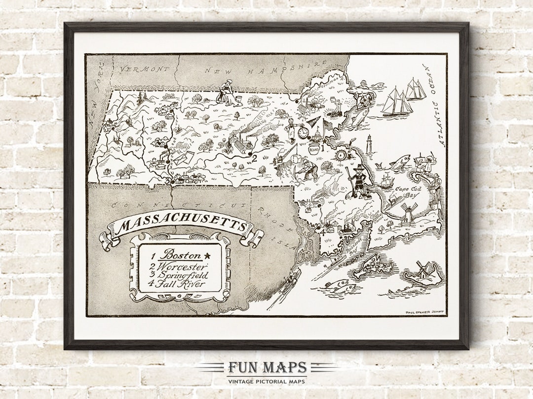 Vintage State Map of Massachusetts – Fun Pictorial Whimsical Cartoon ...