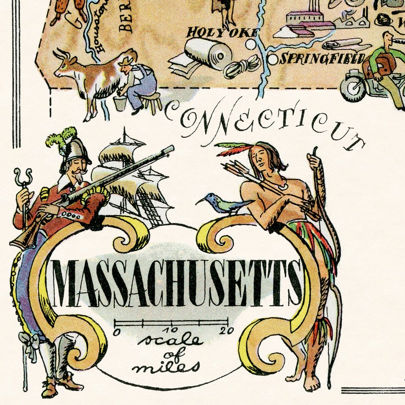 Fun State Map of Massachusetts Vintage Pictorial Whimsical Cartoon ...