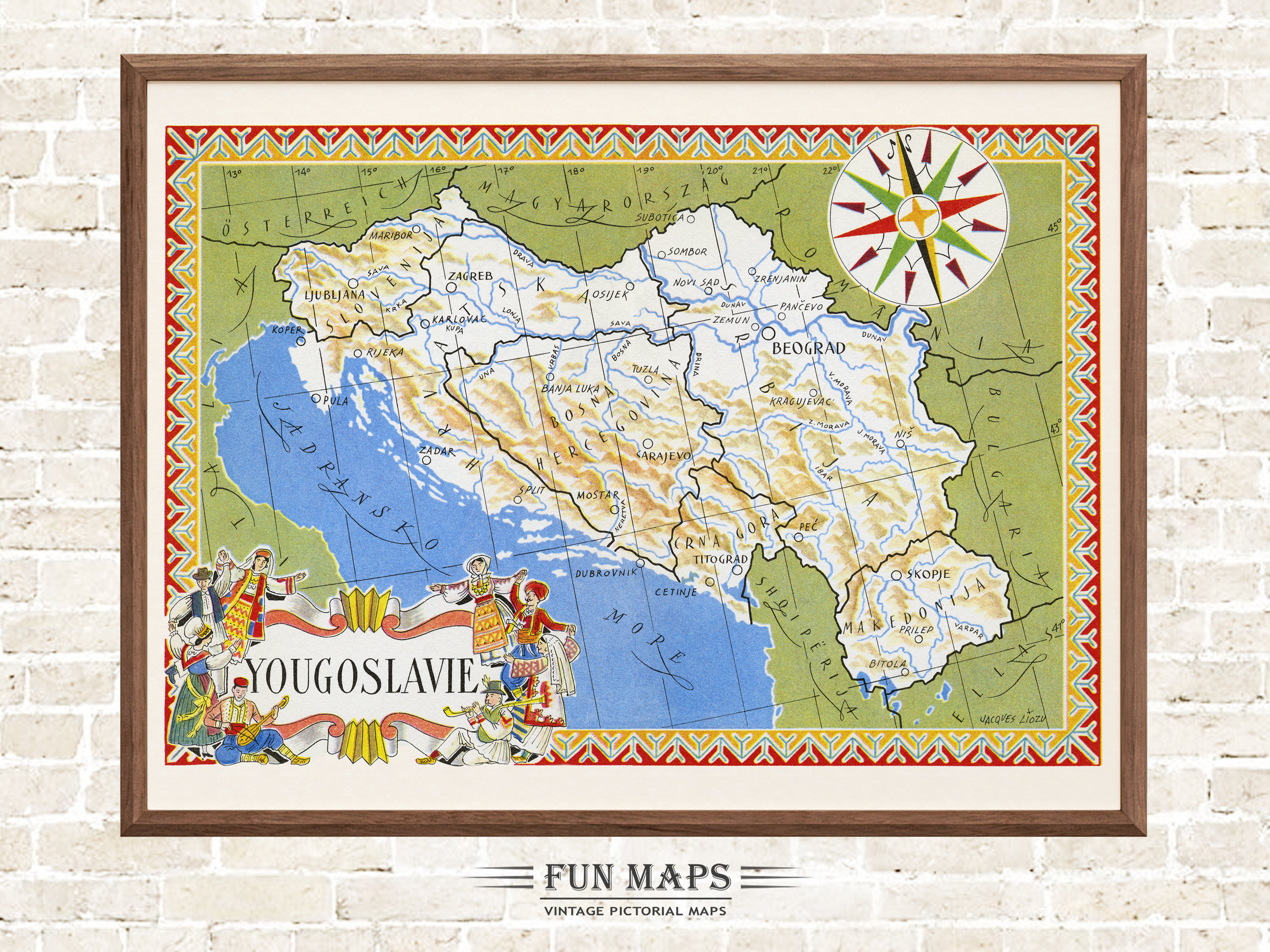 Old Map of Former Yugoslavia Vintage Pictorial Whimsical Cartoon Print ...