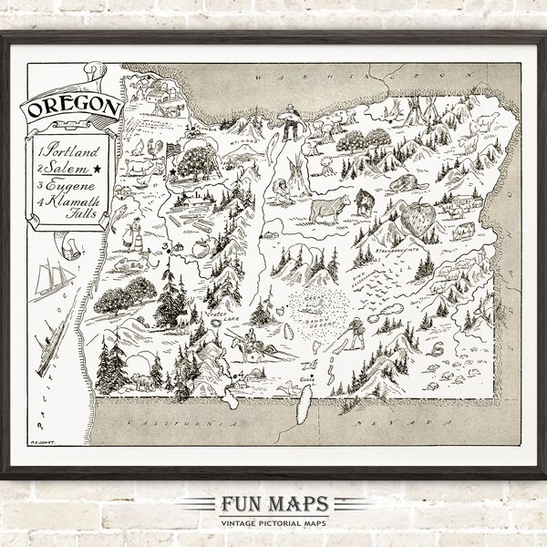 Cartoon Map of Oregon - Etsy