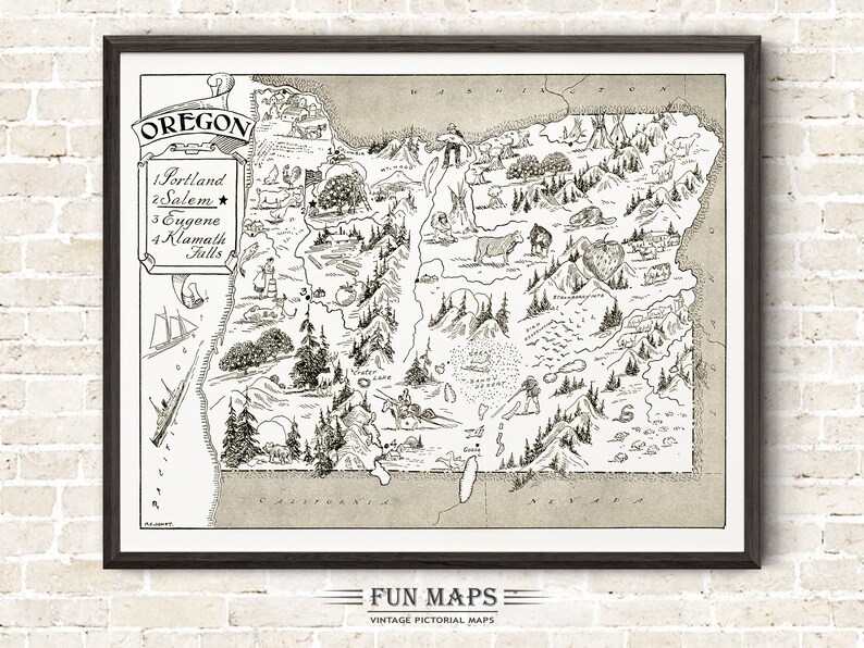 Vintage State Map of Oregon Fun Pictorial Whimsical Cartoon - Etsy