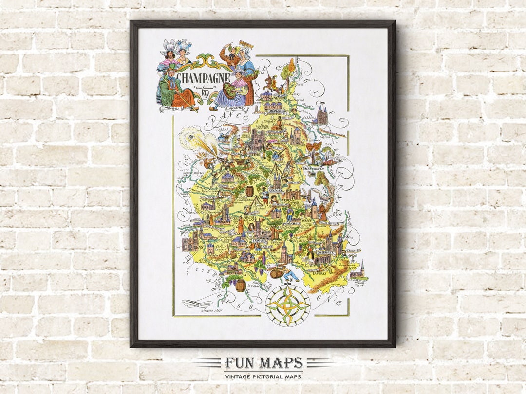 Fun Map of Champagne a French Province, France, FR - Vintage Pictorial ...