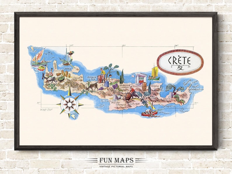 Fun Map of Crete a Greek Island Vintage Pictorial Whimsical Cartoon Old ...