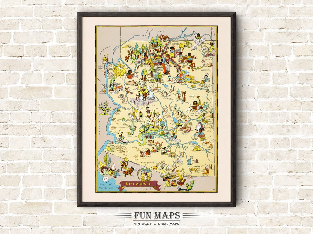 Fun State Map of Arizona – Vintage Pictorial Whimsical Cartoon Print ...