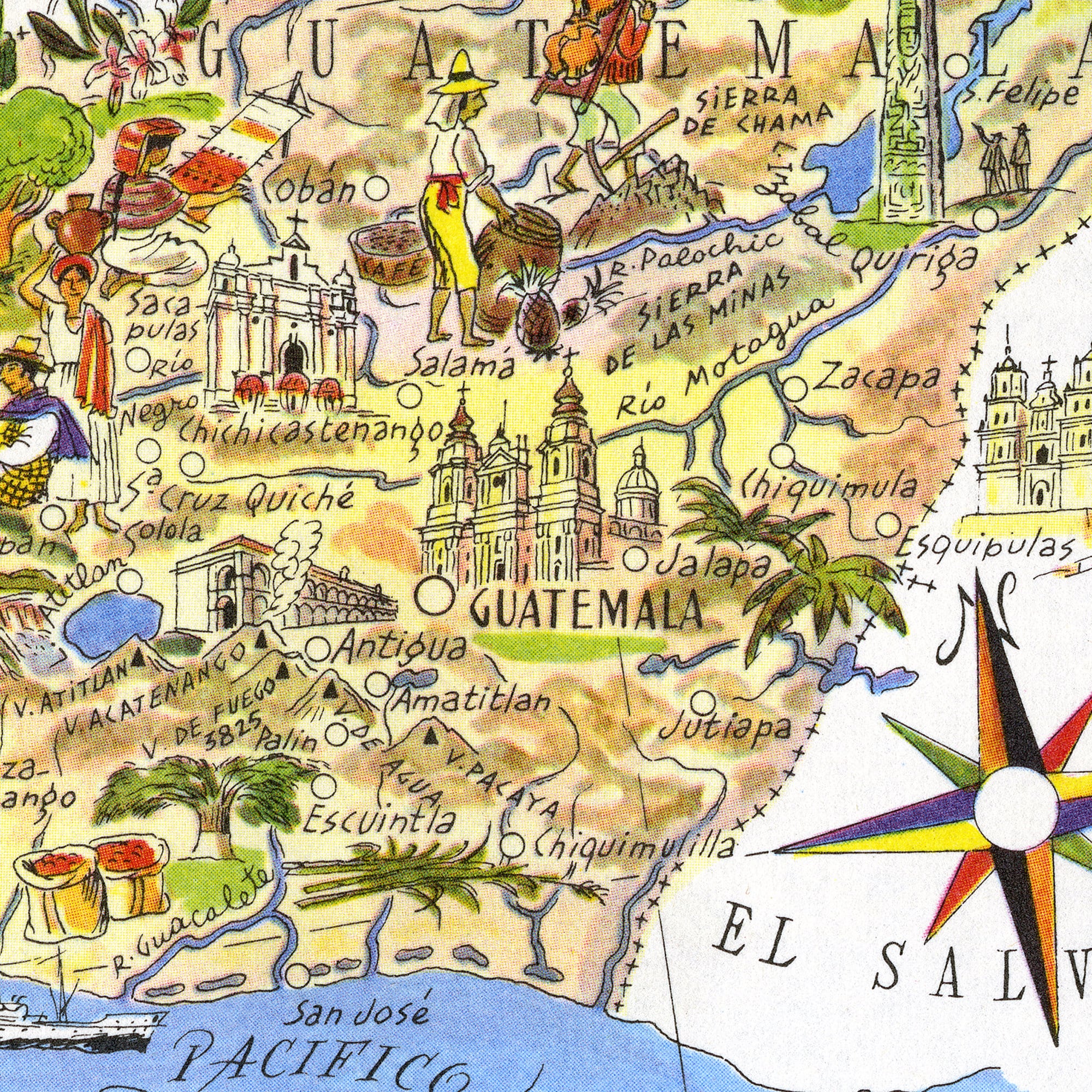 Fun Map of Guatemala Vintage Pictorial Whimsical Cartoon Old Print ...