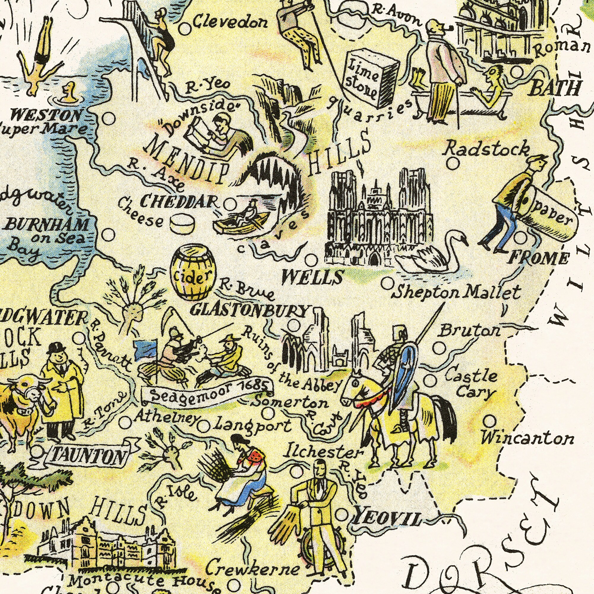 Fun Map of Somerset in Great Britain England UK Vintage - Etsy
