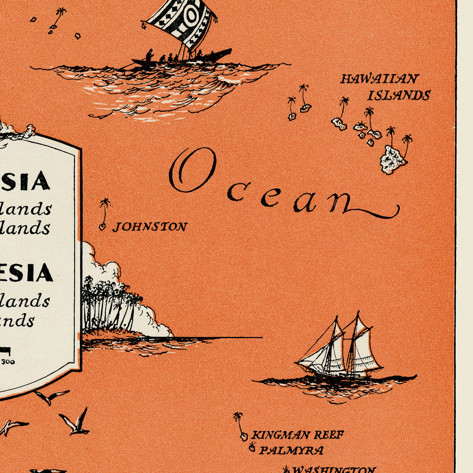 Map of Islands in Polynesia & Micronesia Fun Vintage Pictorial Animated ...