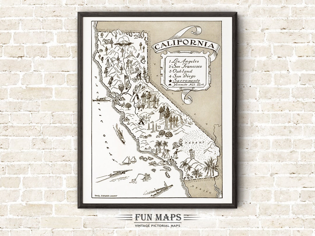Vintage State Map of California – Fun Pictorial Whimsical Cartoon Print ...