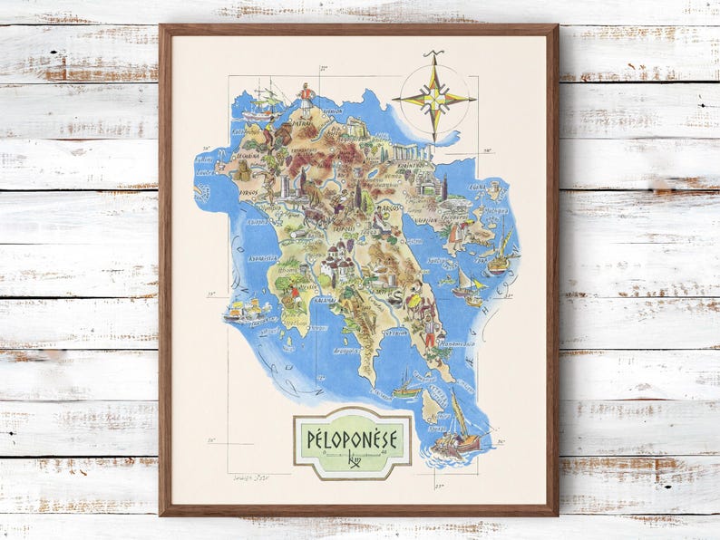 Fun Map of Peloponese Greek Islands Vintage Pictorial Whimsical Cartoon ...