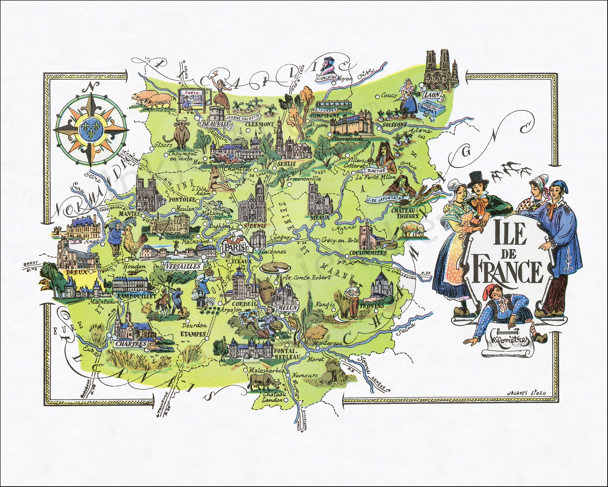 Fun Map of Ile De France a French Province, France, FR - Vintage ...