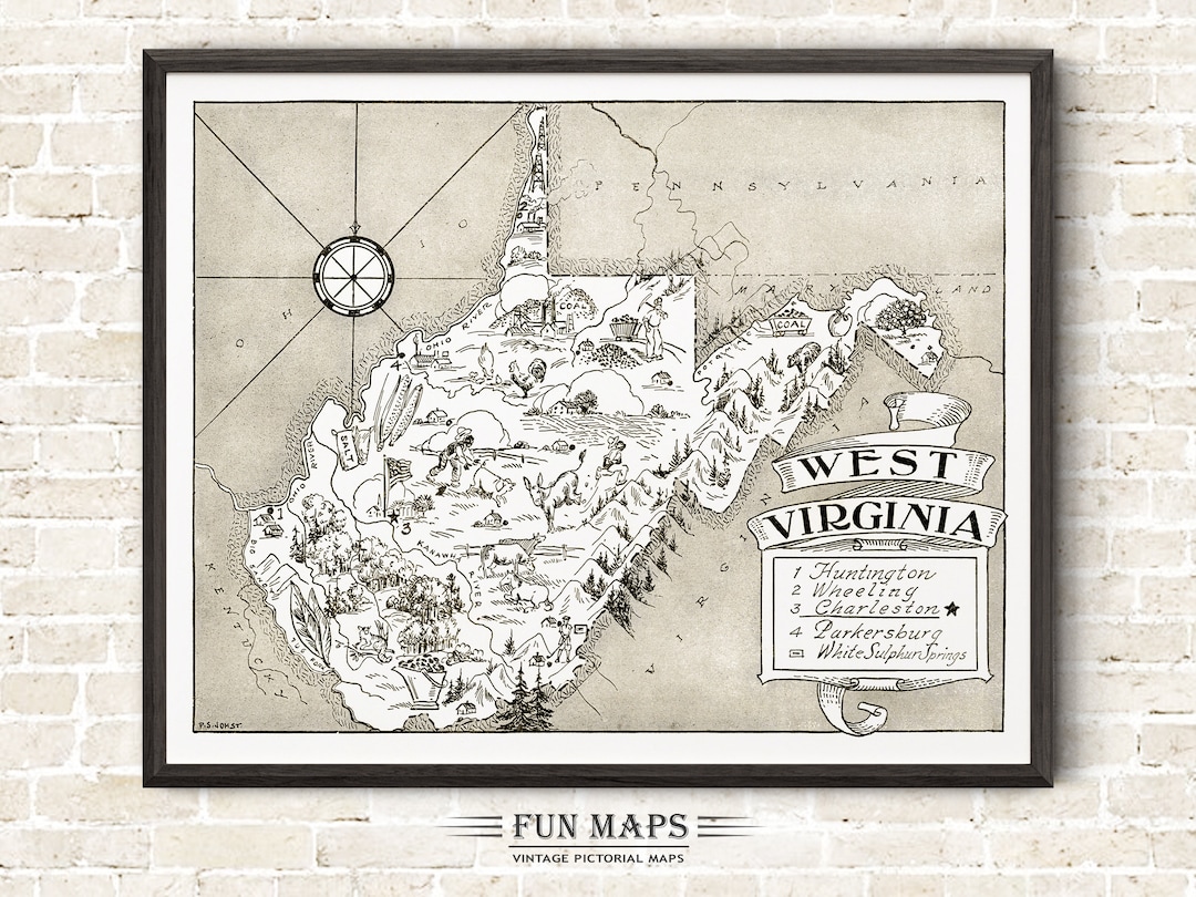 Vintage State Map of West Virginia – Fun Pictorial Whimsical Cartoon ...