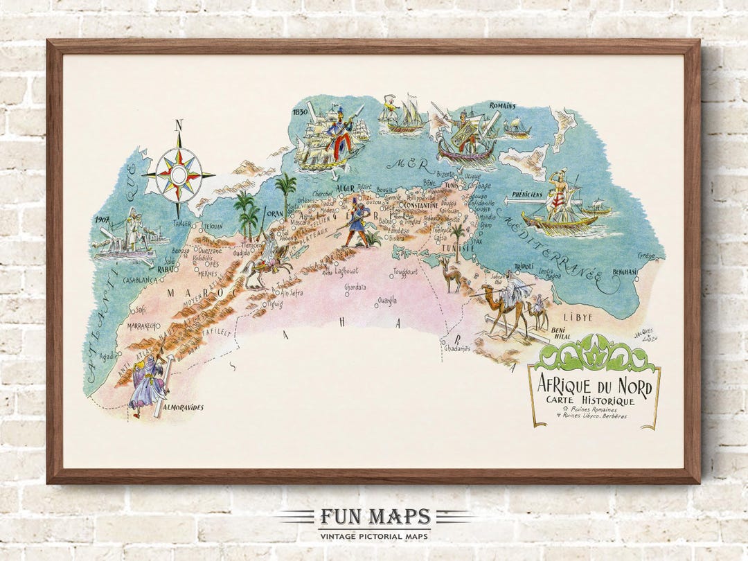 Fun Map of Historic North Africa Vintage Pictorial Whimsical Cartoon ...