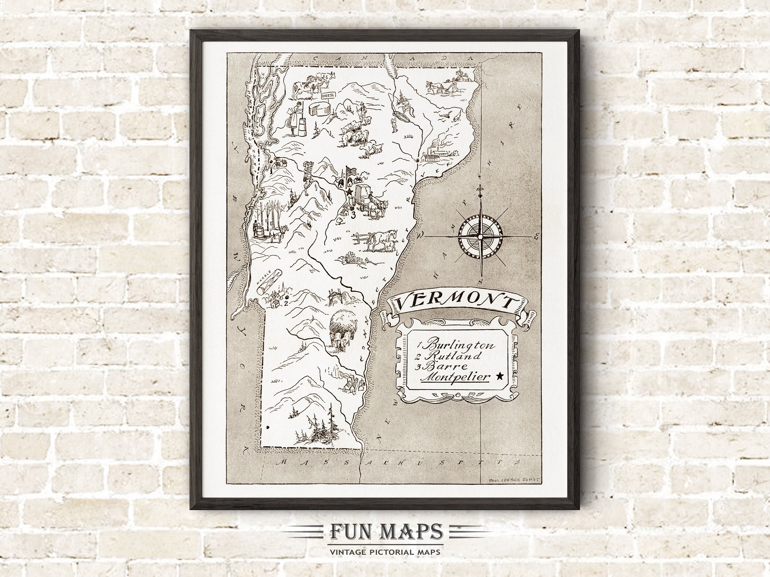 Vintage State Map of Vermont – Fun Pictorial Whimsical Cartoon Print ...