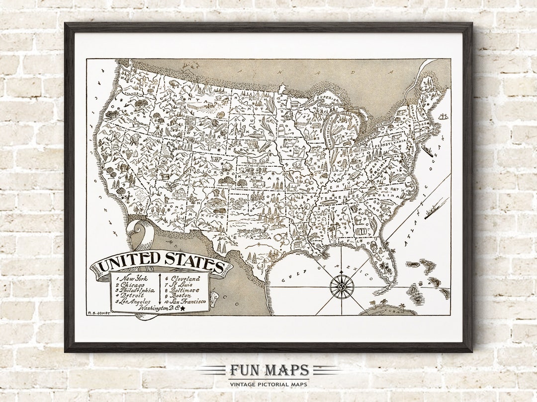 Vintage Map of United States – Fun Pictorial Whimsical Cartoon Print ...
