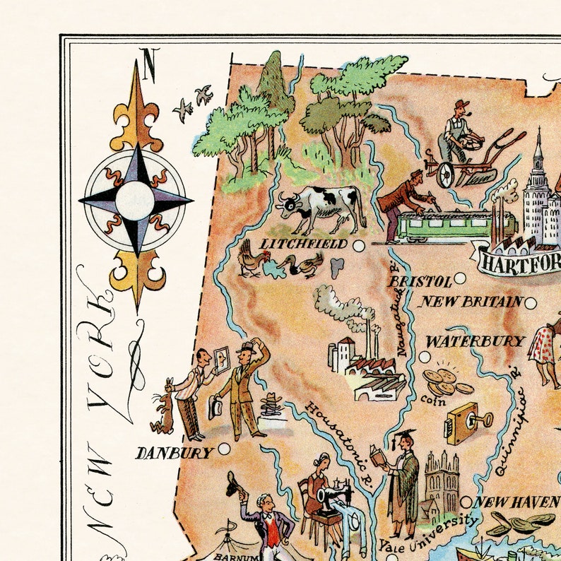Fun State Map of Connecticut – Vintage Pictorial Whimsical Cartoon ...