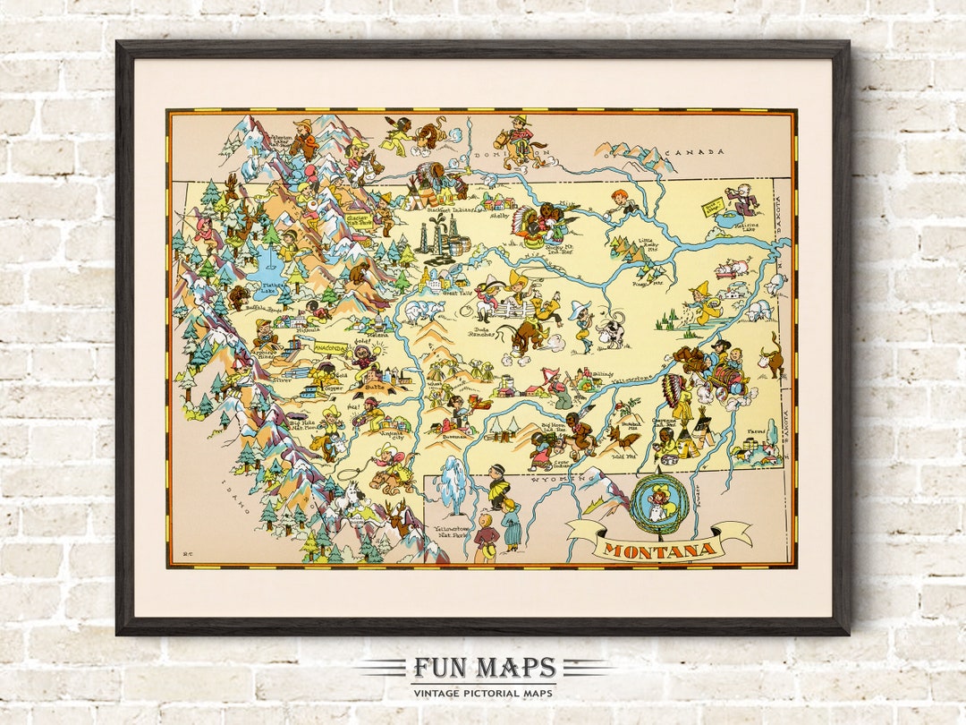 Fun State Map of Montana – Vintage Pictorial Whimsical Cartoon Print ...