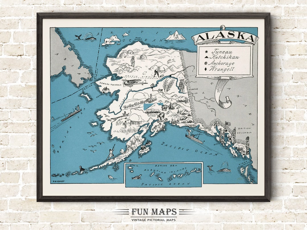 Fun Map of Alaska – Vintage Pictorial Whimsical Cartoon Print ...