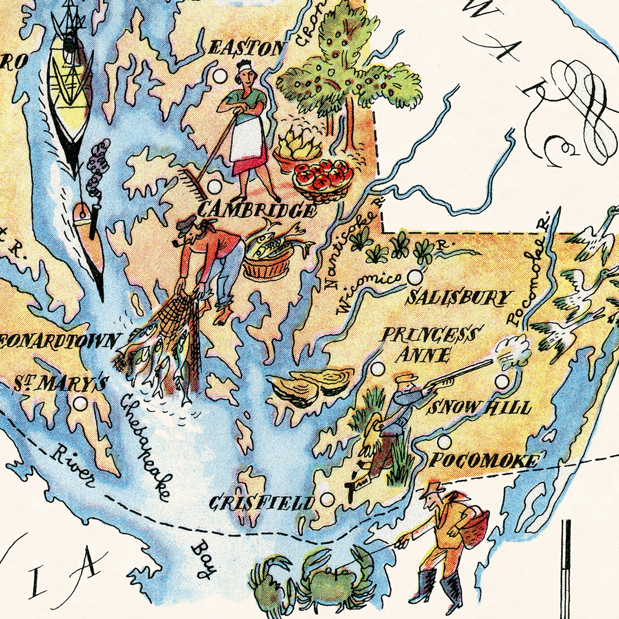 Fun State Map of Maryland Vintage Pictorial Whimsical Cartoon Print ...